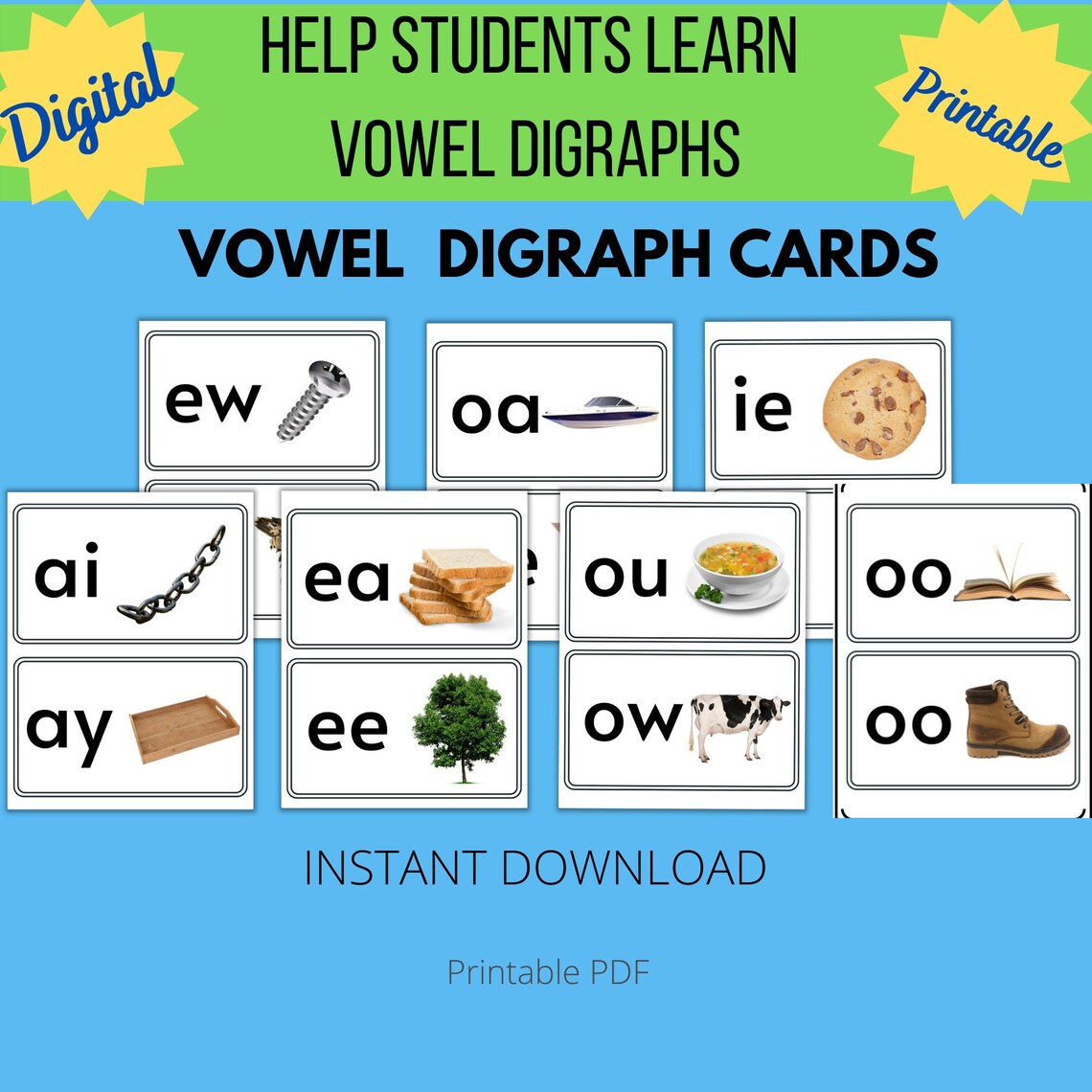 Vowel Digraph Cards, Vowel Digraph Flash Cards, Vowel Pairs, Phonics ...