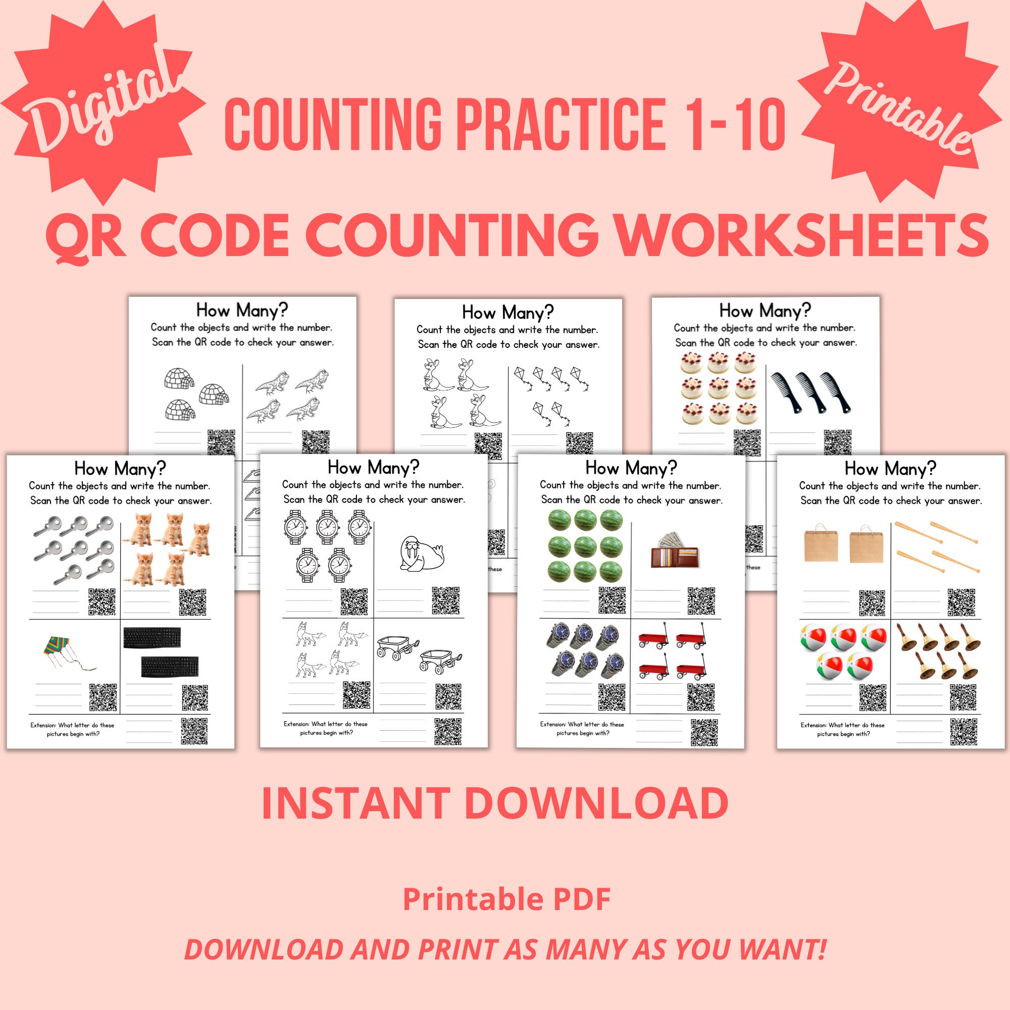 QR Code Counting Worksheets, QR Code Numbers 1-10, QR Code Math ...