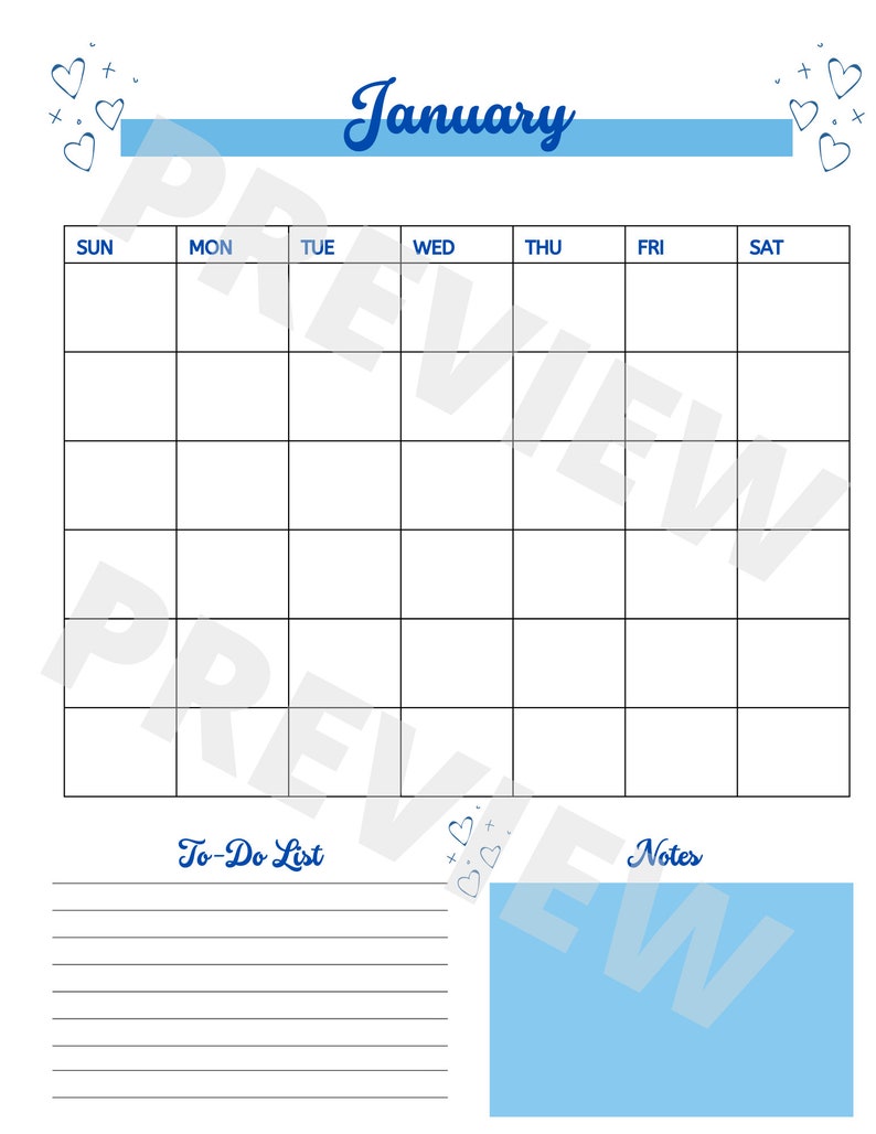 Undated Calendar/planner Blue Hearts, Digital Calendar, Undated ...
