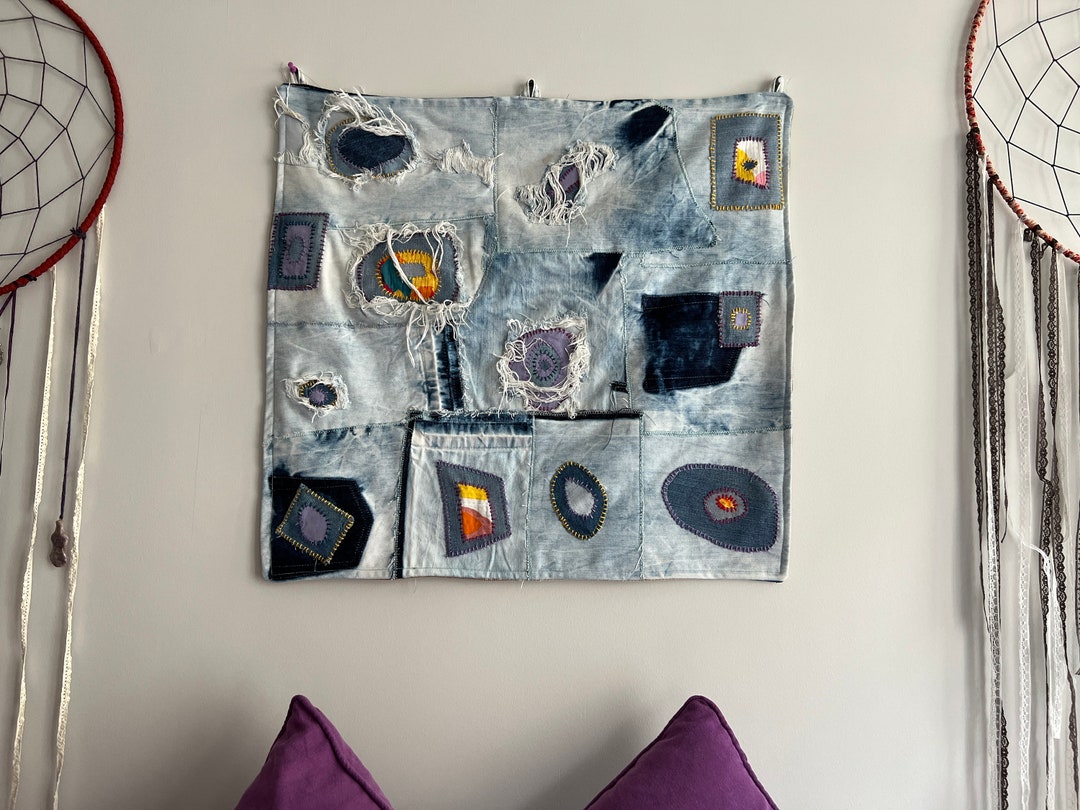 Modern Denim Patchwork Wall Hanging, Upcycled Jean Wall Decor - Etsy