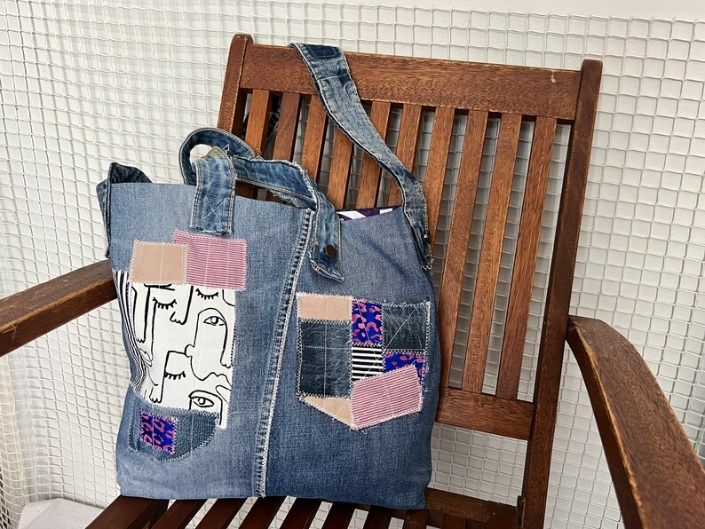 Casual Medium Jeans Bag Upcycled Denim Bag Patchwork Denim - Etsy