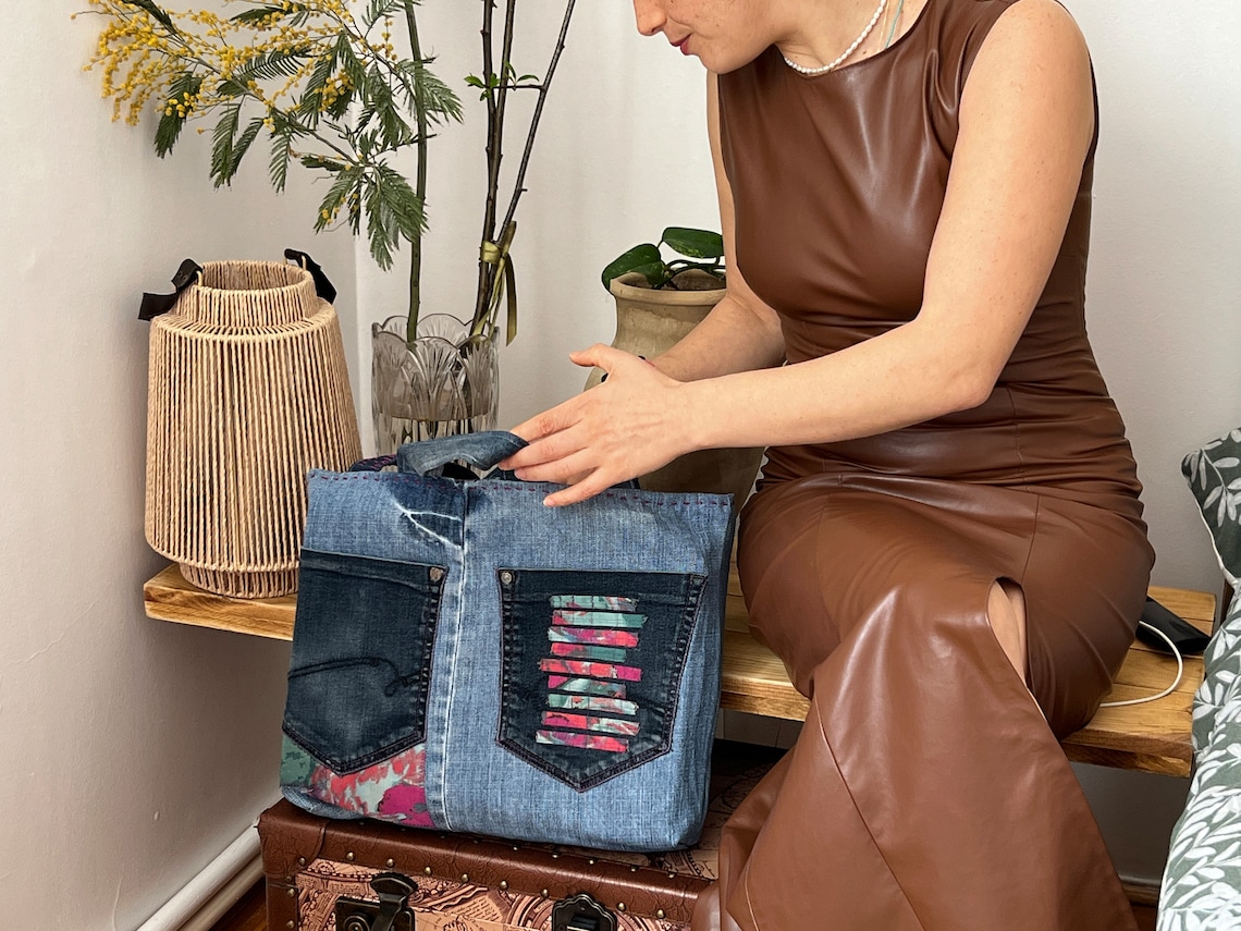 Recycled Denim Bag With Pockets, Designed Over the Shoulder or in Your ...