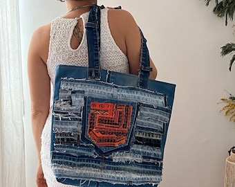 Casual Medium Jeans Bag / Upcycled Denim Bag / Patchwork Denim Tote Bag / Recycled Shopping Bag ...