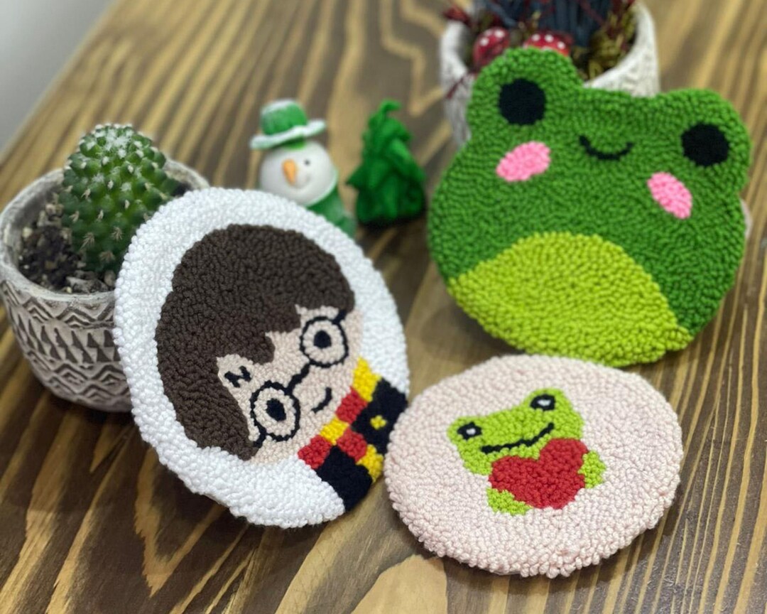 Handmade Punch Needle Coasters: Tasseled Mug Rug, Frog Car Coaster - Etsy