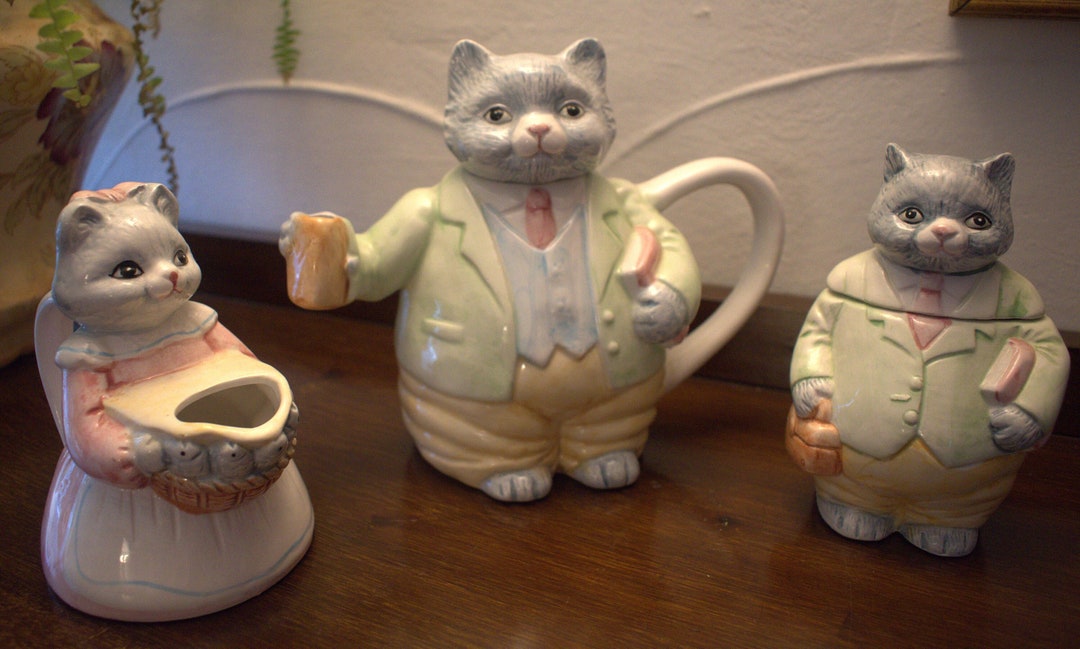 Vintage Cat Tea Set - Gentleman Cat Tea Pot With Creamer Jug and Sugar ...