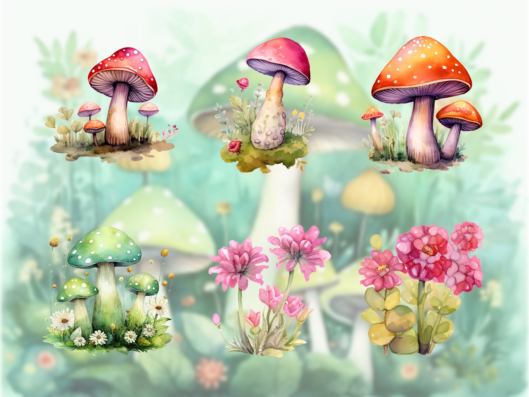 30 Floral Mushroom Watercolor Clipart Bundle Fungi Artwork,printable ...
