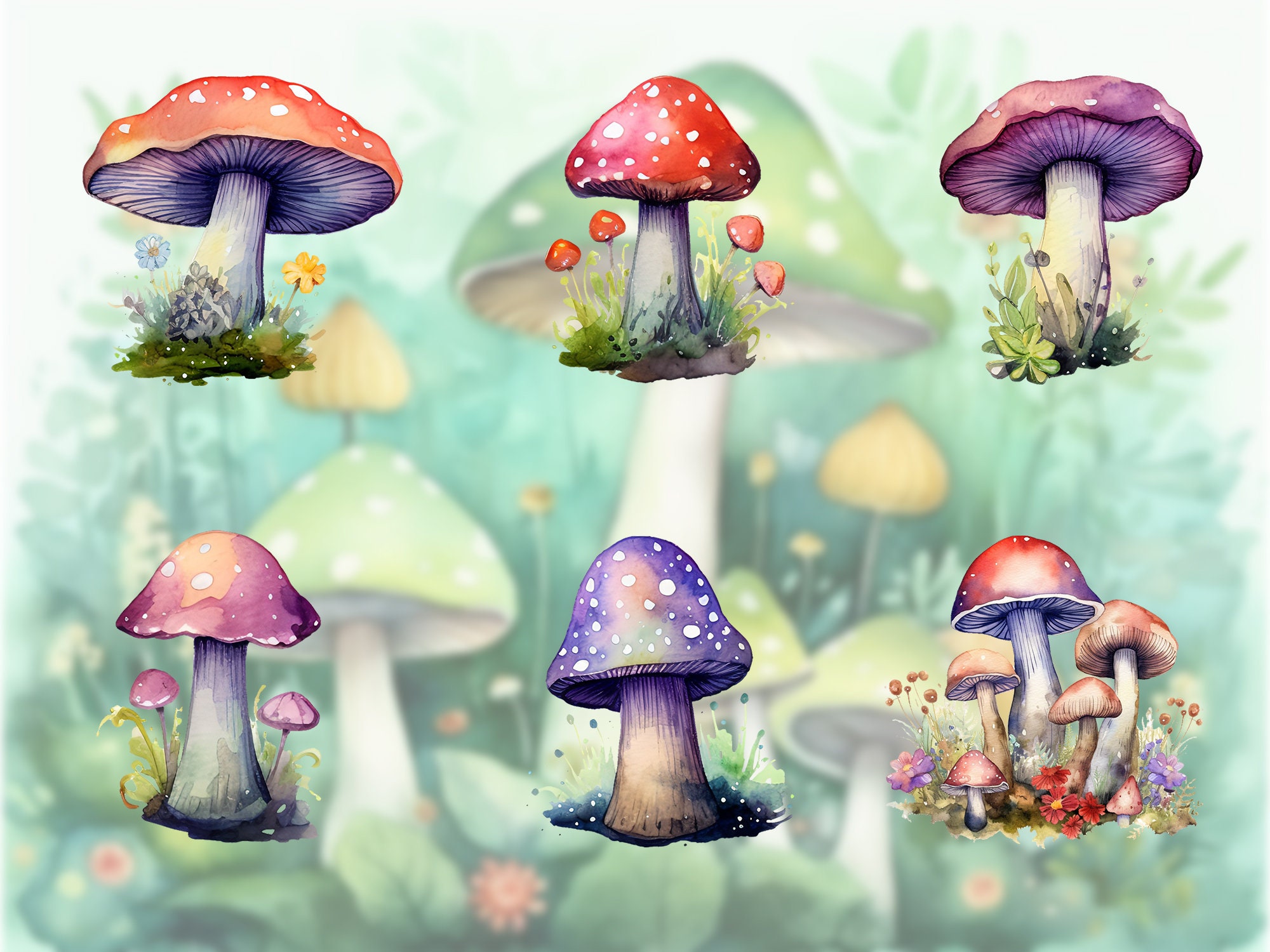 30 Floral Mushroom Watercolor Clipart Bundle | Fungi Artwork,printable ...
