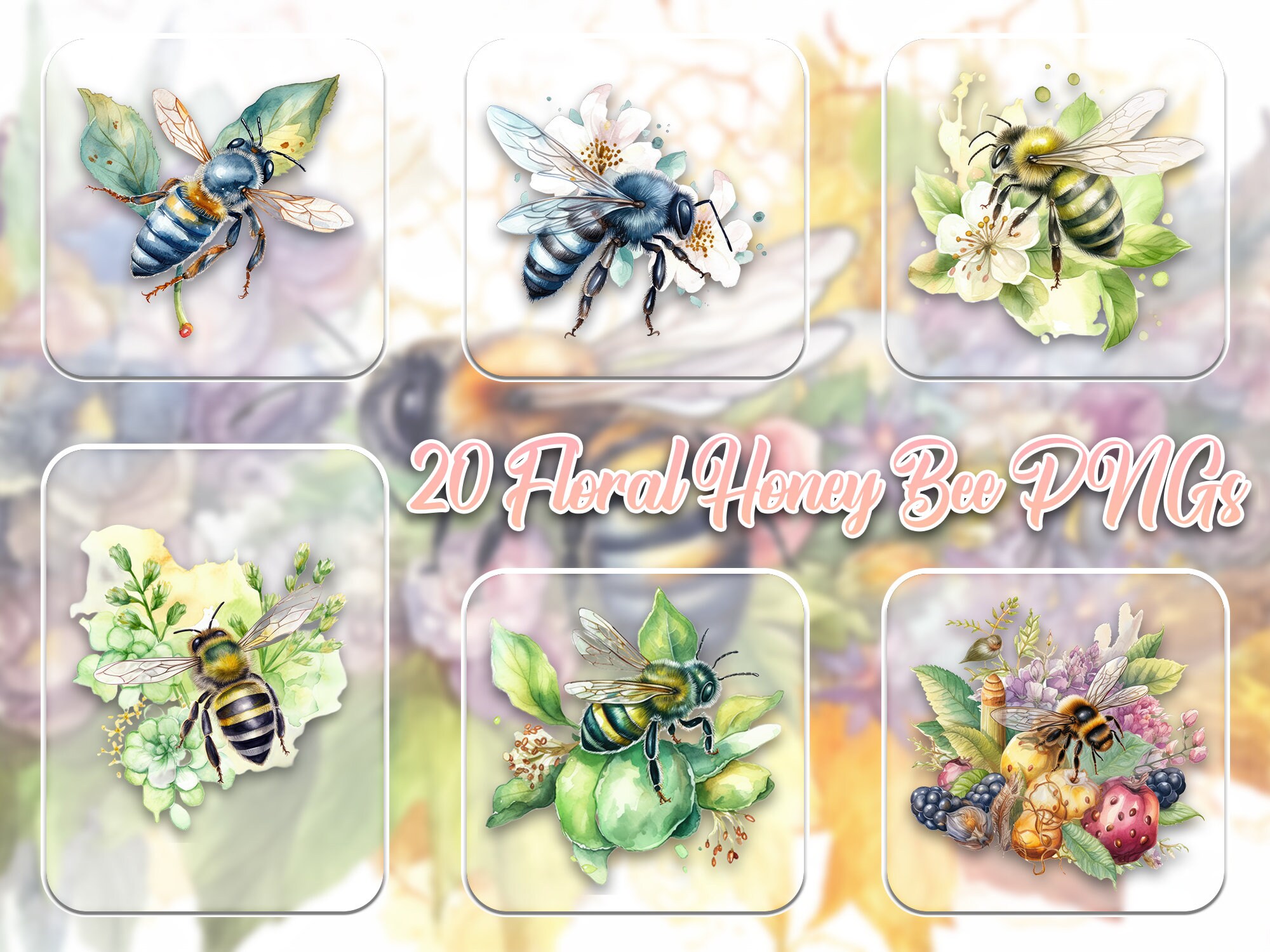 20 Floral Bee Watercolor Clip Art Bundle Bee Artwork, 300DPI ...