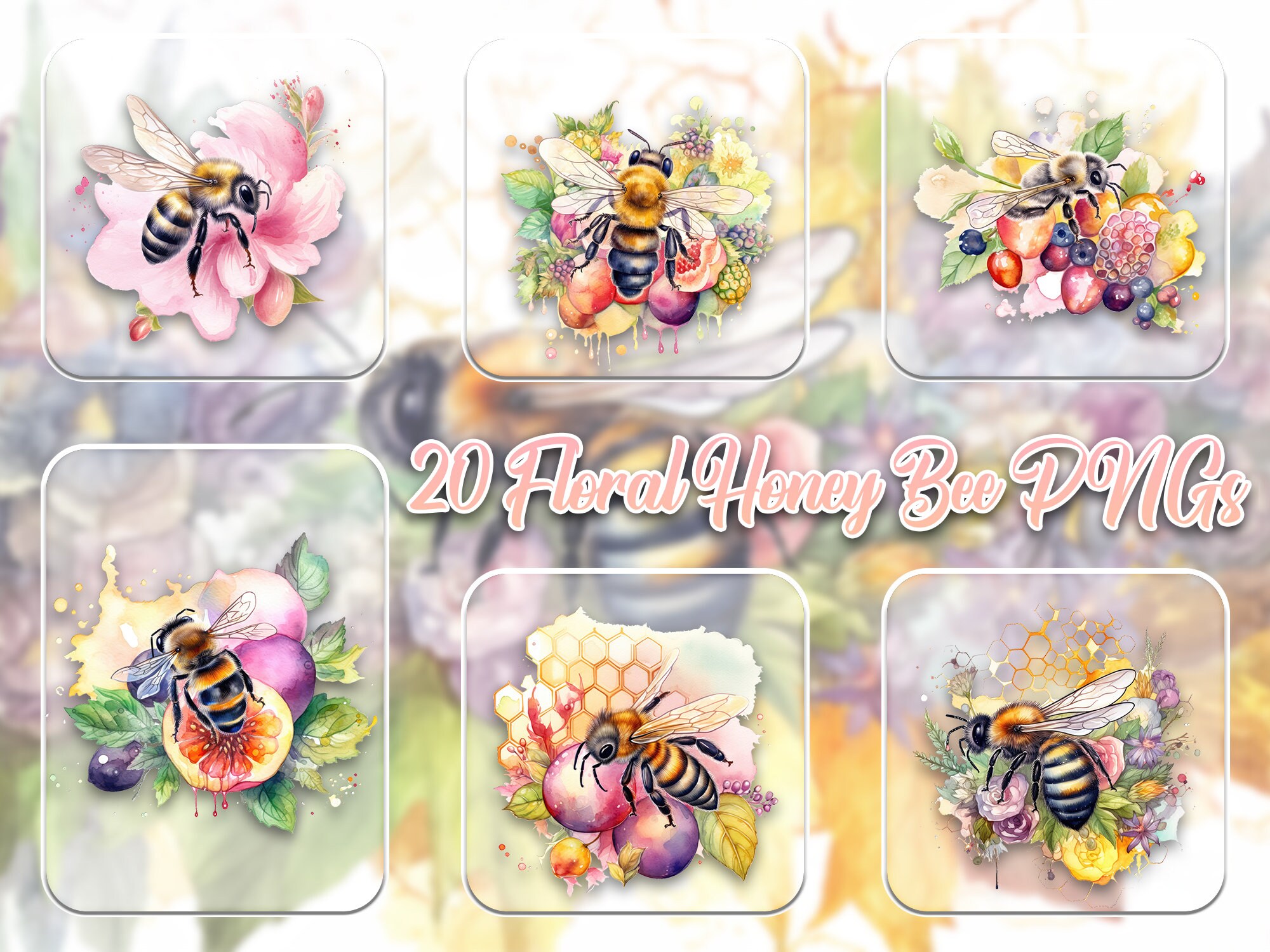 20 Floral Bee Watercolor Clip Art Bundle Bee Artwork, 300DPI ...