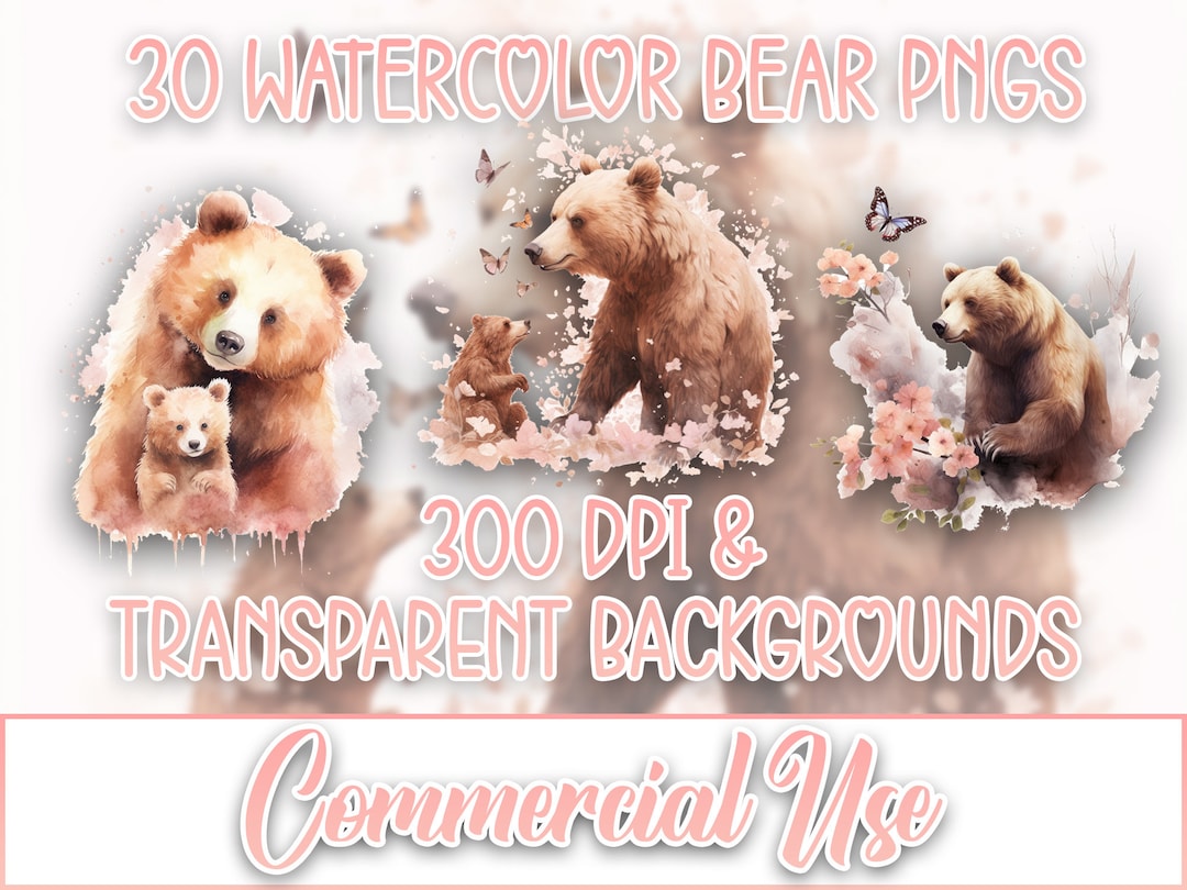 30 Momma Bear Baby Bear Bundle Watercolor Clipart, Summer Baby Bear ...