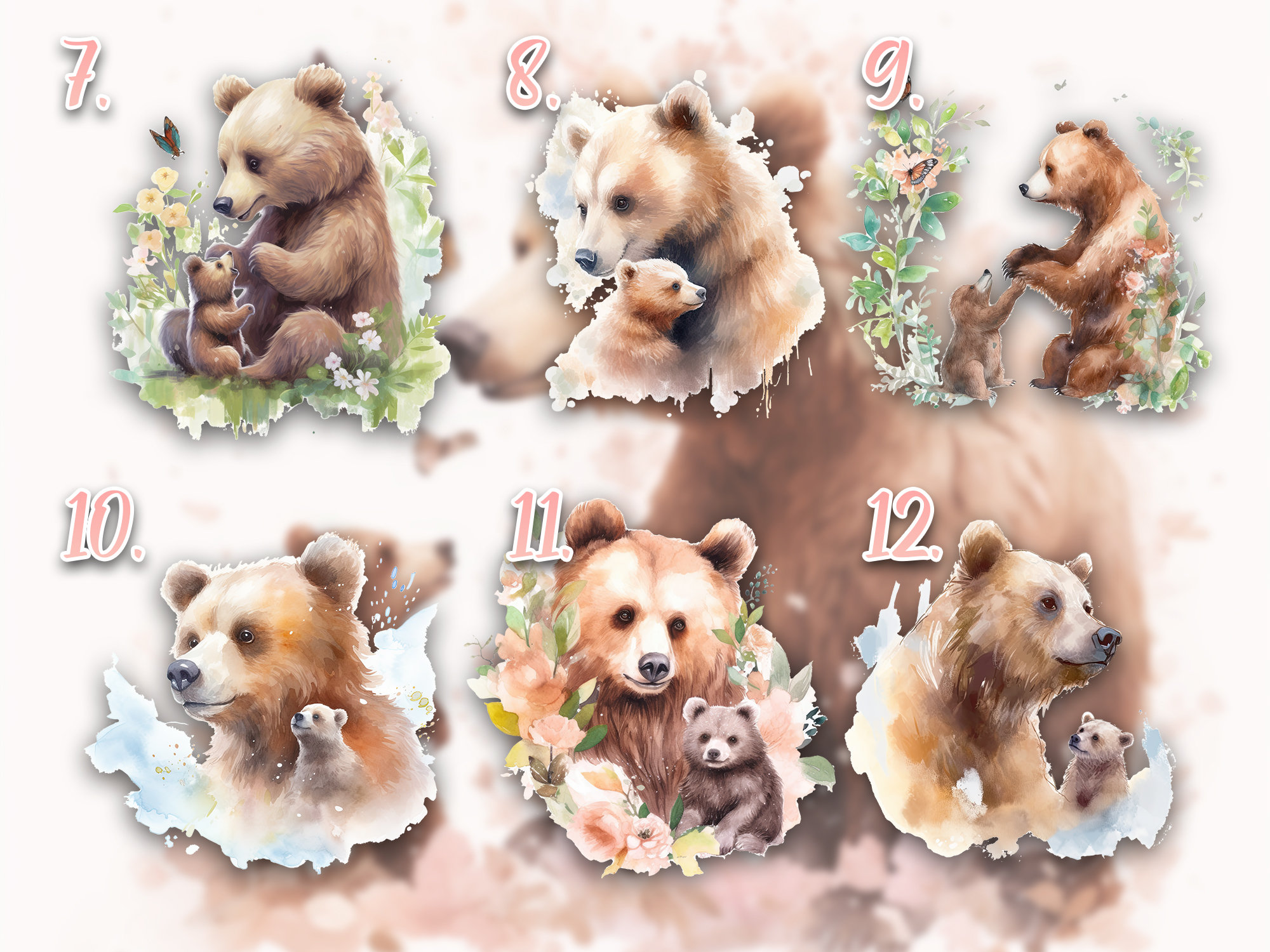 30 Momma Bear Baby Bear Bundle Watercolor Clipart, Summer Baby Bear ...
