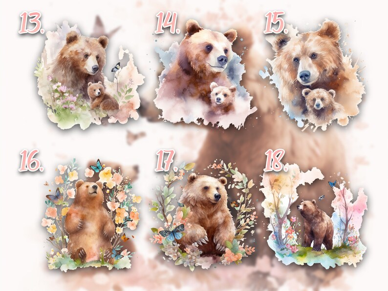 30 Momma Bear Baby Bear Bundle Watercolor Clipart, Summer Baby Bear ...