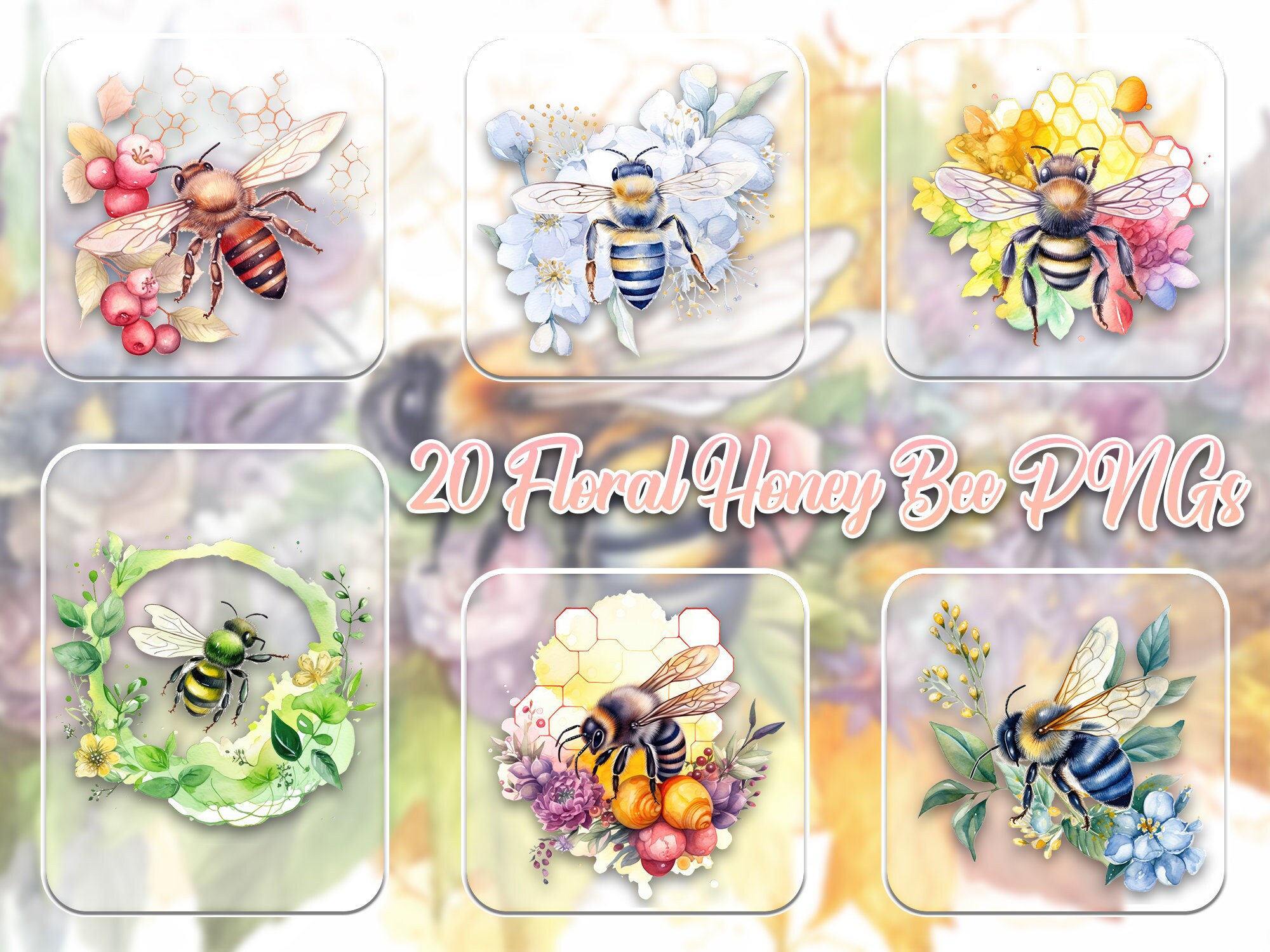 20 Floral Bee Watercolor Clip Art Bundle Bee Artwork, 300DPI ...