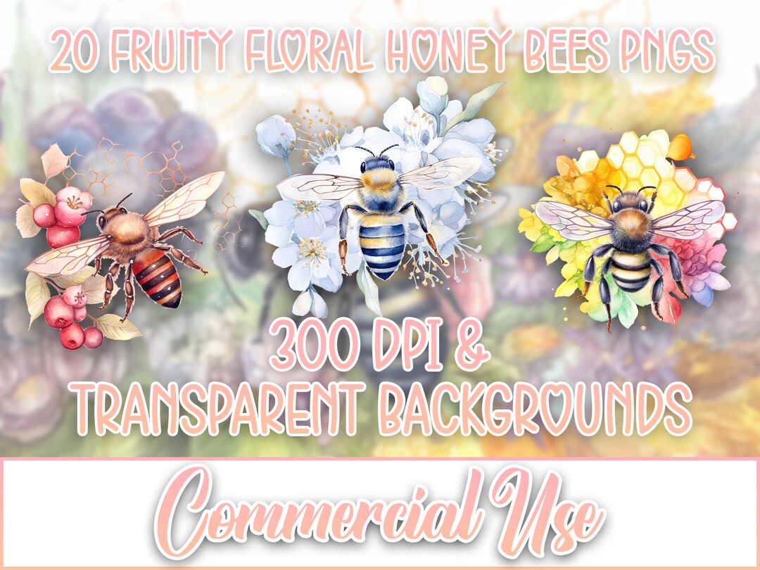 20 Floral Bee Watercolor Clip Art Bundle - Bee Artwork, 300DPI ...