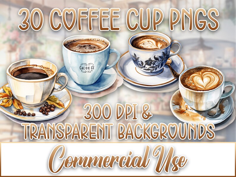 30 Coffee Cup Clipart Watercolor PNG Coffee Bundle Printable for POD ...