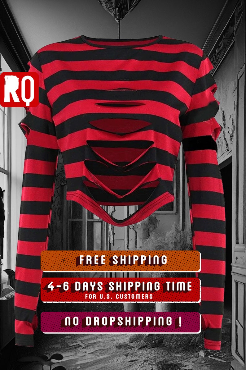 Y2K Striped Cut Out Shirt, Red and Black Stripes Punk Outfit, Long ...