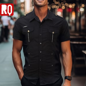 Sharp and Stylish Black Button up Shirt, Short Sleeves Pockets and ...