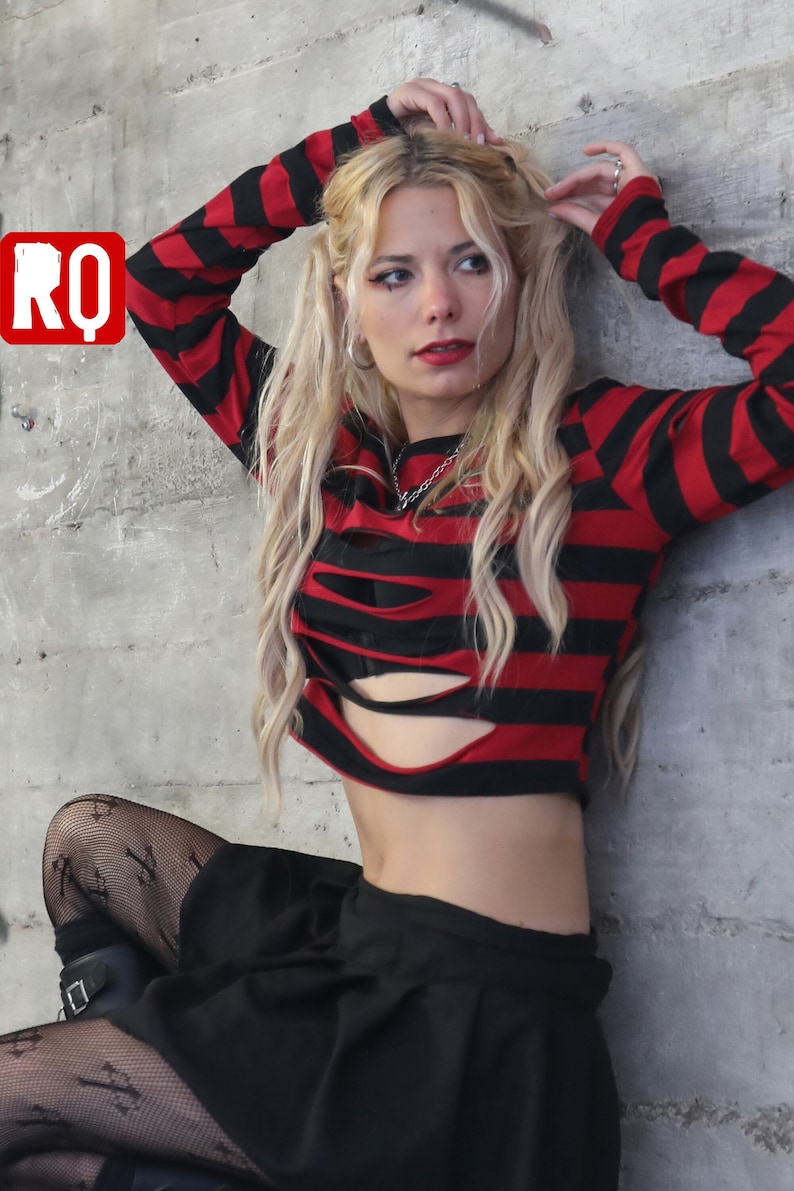 Y2K Striped Cut Out Shirt, Red and Black Stripes Punk Outfit, Long ...