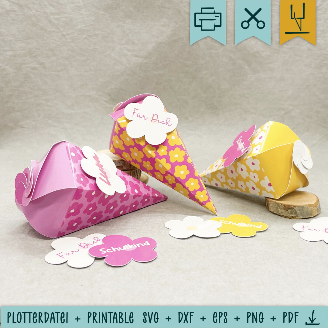 School Cone Template to Print - Set of 3 Flowers Pink Yellow Beige Gift ...