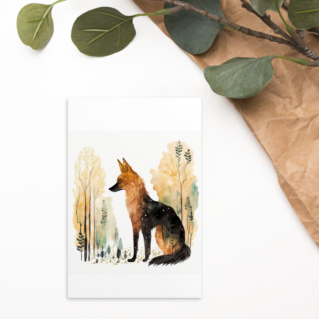 Maned Wolf Postcard - Black Fox Post Card - Magical Animal Watercolor ...