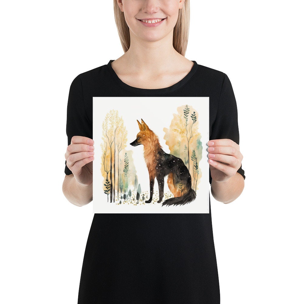 Sitting Maned Wolf Poster Print Fox in Forest Watercolour Wall Art ...