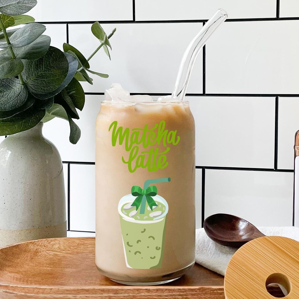 Matcha Latte Sipper Glass, 16oz - Glass With Lid & Straw for Tea Lovers ...