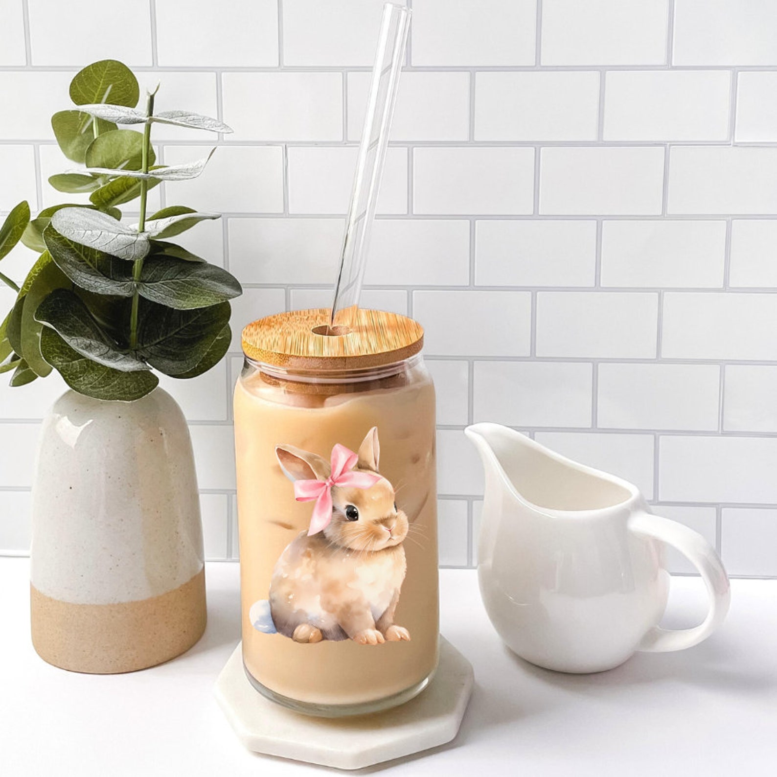 Coquette Pink Bow Bunny Glass Can Tumbler, 16oz Bunny Sipper Glass With ...