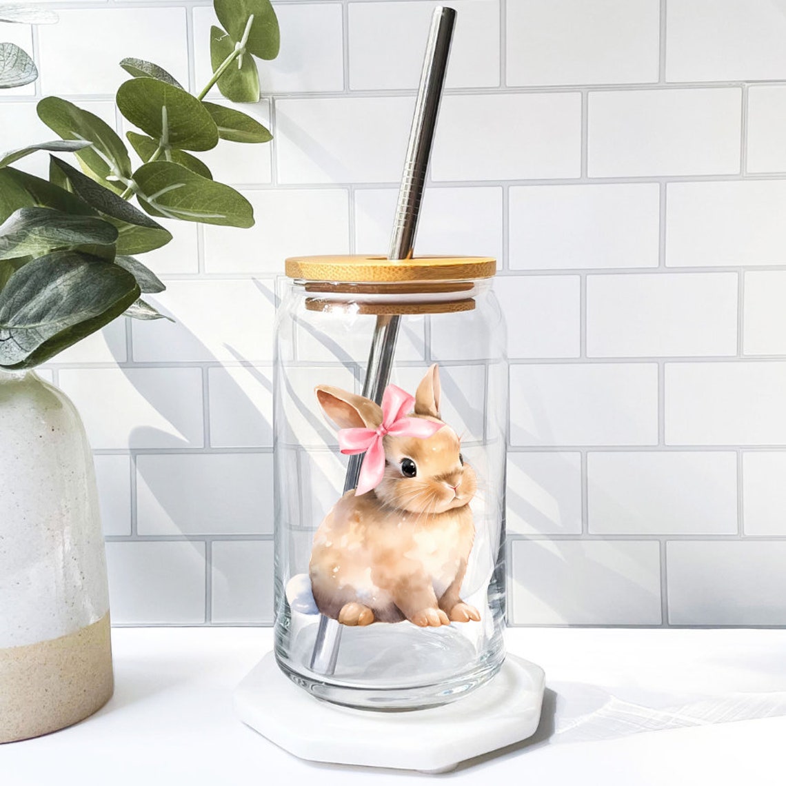Coquette Pink Bow Bunny Glass Can Tumbler, 16oz Bunny Sipper Glass With ...