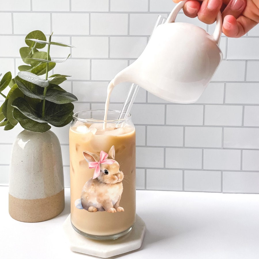 Coquette Pink Bow Bunny Glass Can Tumbler, 16oz Bunny Sipper Glass With ...