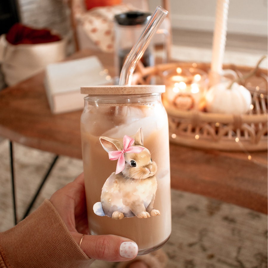 Coquette Pink Bow Bunny Glass Can Tumbler, 16oz Bunny Sipper Glass With ...