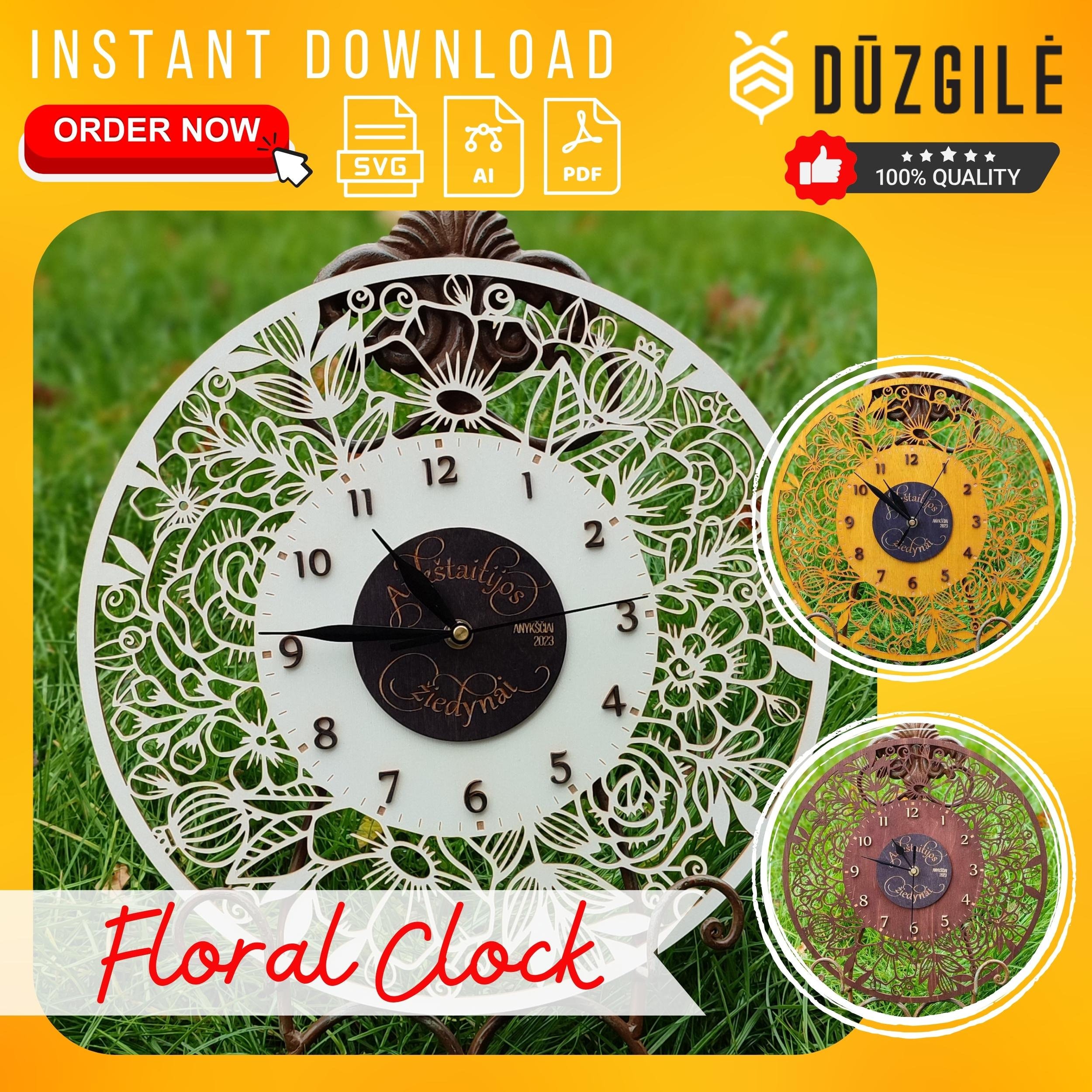 Floral Clock Laser Cut File, Wall Art SVG, DIY Home Decor, Glowforge ...