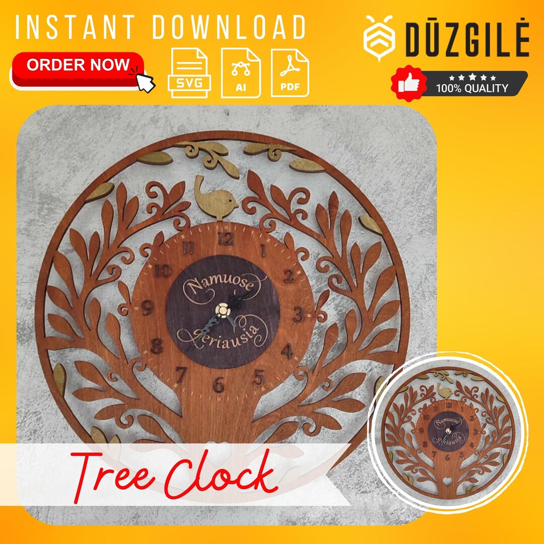 Tree Clock Laser Cut File, Wall Art SVG, DIY Home Decor, Glowforge Bird ...