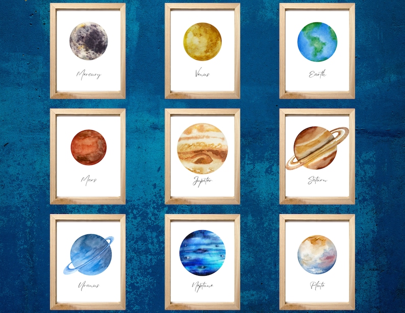 Watercolor Planet Print Set of 9, Space Decor Planet Prints, Solar ...