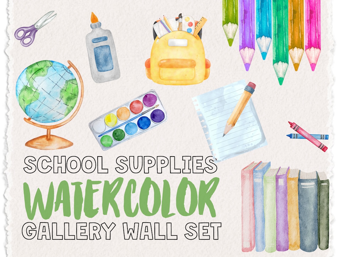 Whimsical School Supply Watercolor Prints - Set of 10 Educational Art ...