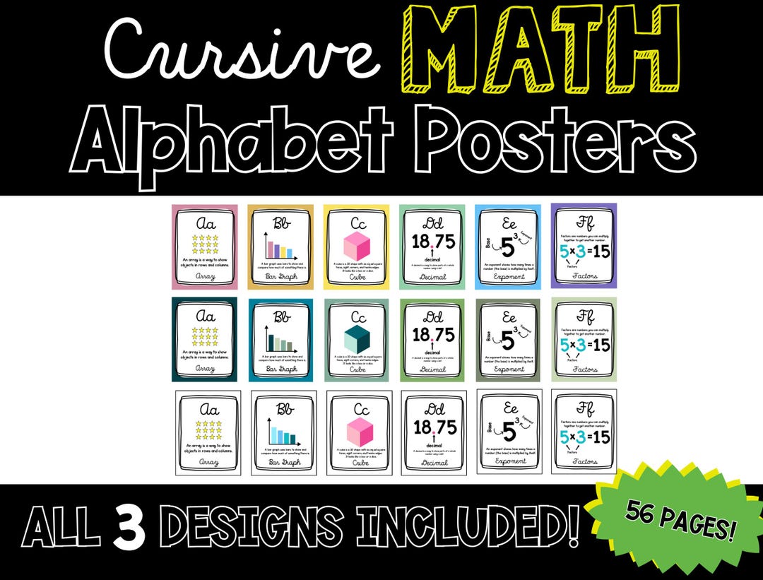 Cursive Math Alphabet Posters, Grades 3-5, Educational Wall Art ...