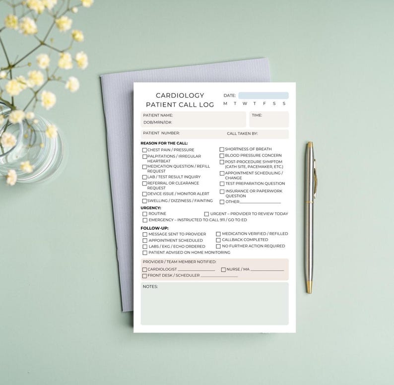 Cardiology Patient Call Log Notepad | Heart Clinic Phone Message Pad ...