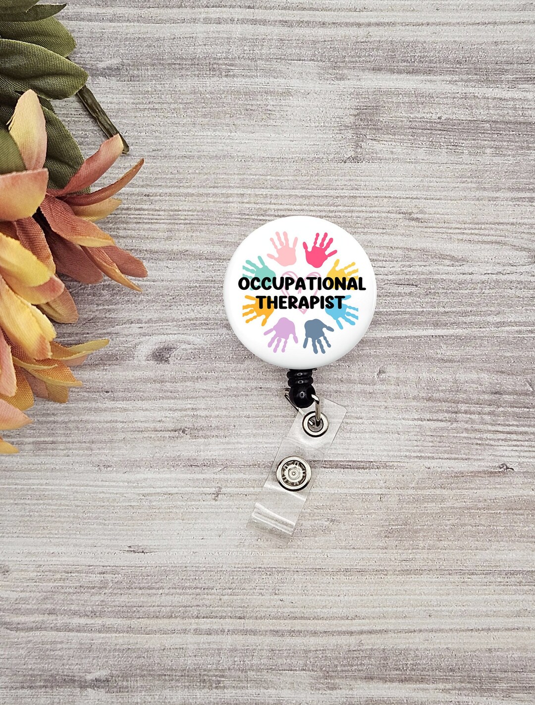 Occupational Therapist Button Name Badge Holder Hands Detail OT Gift ...