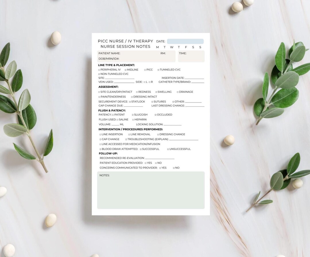 PICC Nurse IV Therapy Session Notes | Central Line Assessment Notepad ...