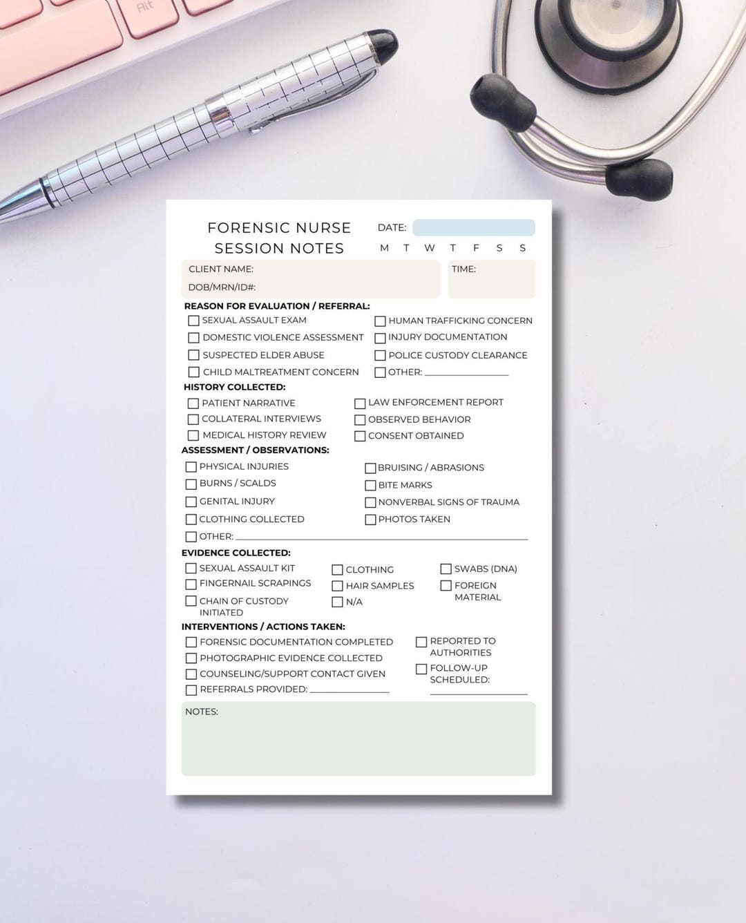 Forensic Nurse Session Note Notepad | SANE | Assault Exam Charting Pad ...