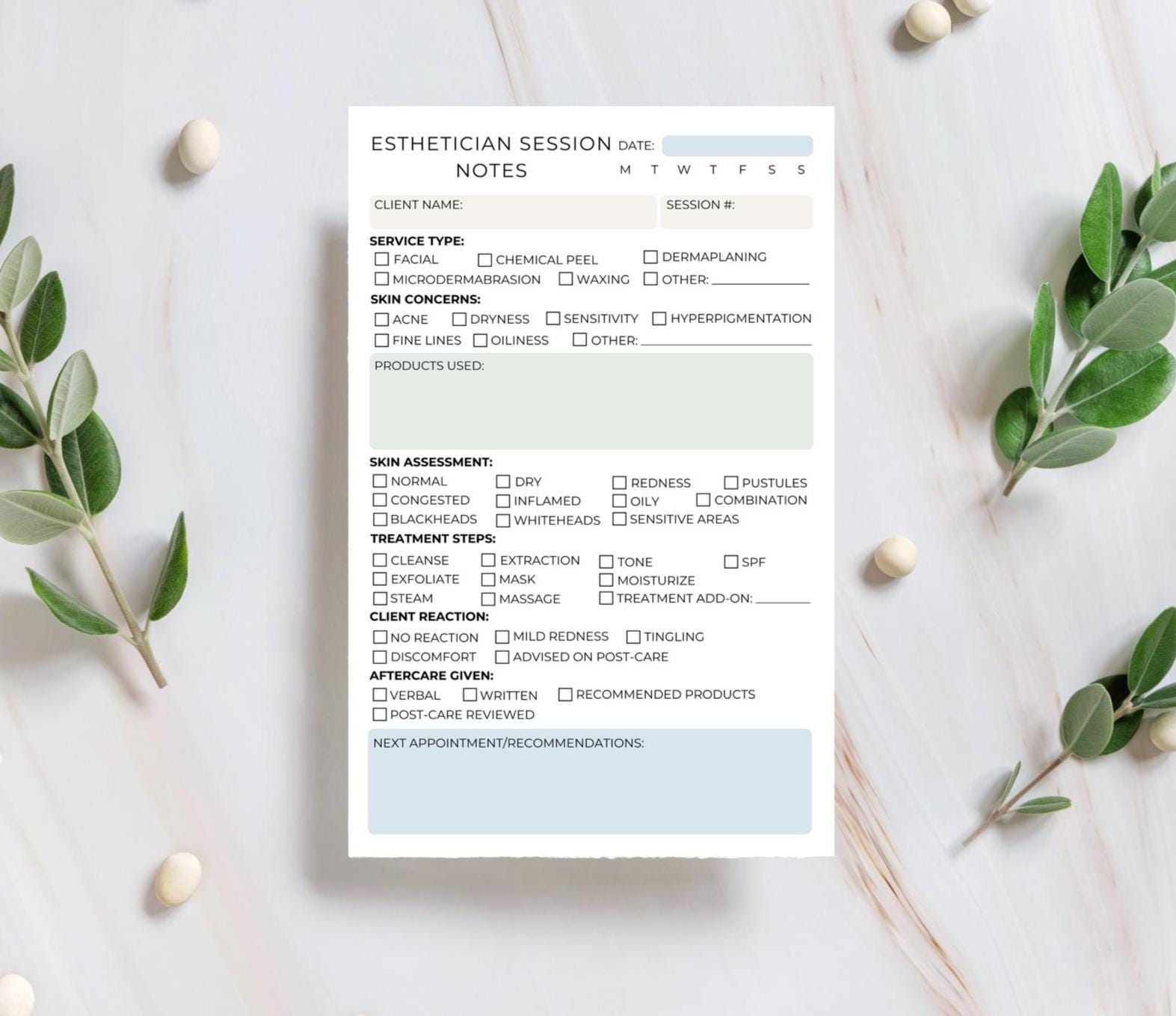 Esthetician Session Notes Notepad | Skincare Treatment Client Log ...