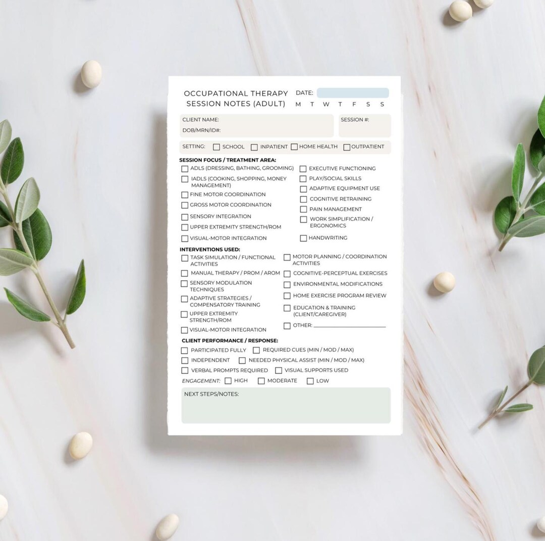 Occupational Therapy Session Notes Notepad OT Adult Documentation Tool ...