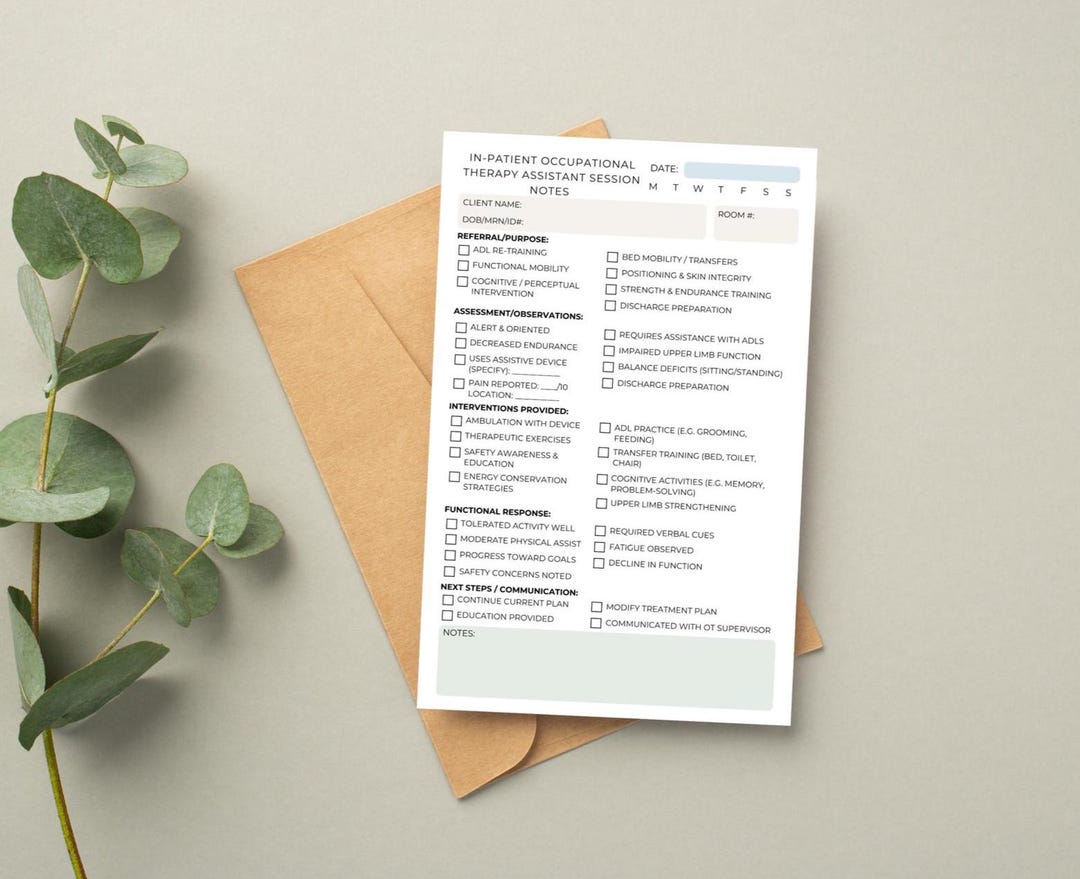Inpatient OTA Session Note Notepad | Professionally-informed ...
