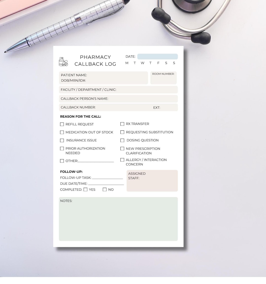 Pharmacy Callback Log Notepad | Medication Message Tracker for ...