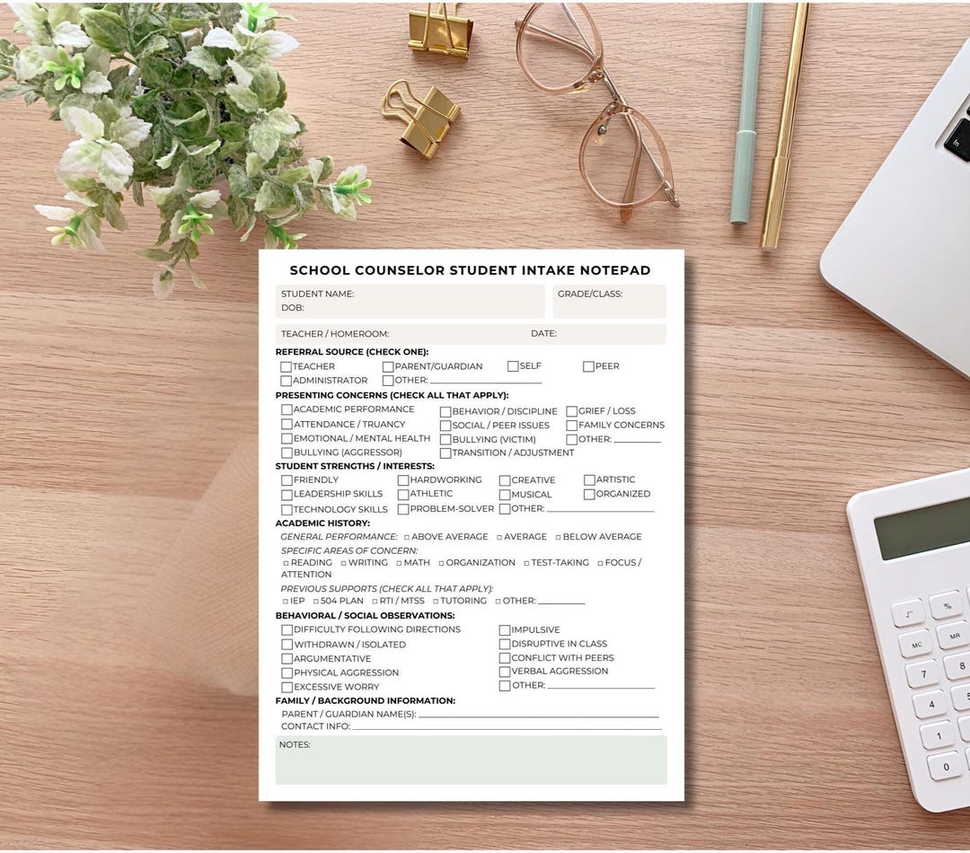 School Counselor Student Intake Notepad | Student Support & Counseling ...
