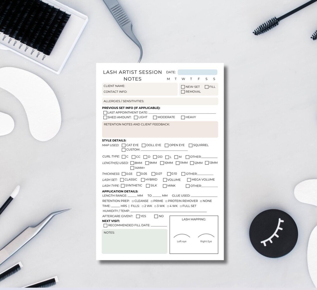 Lash Artist Client Session Notes Notepad With Lash Map Diagram ...