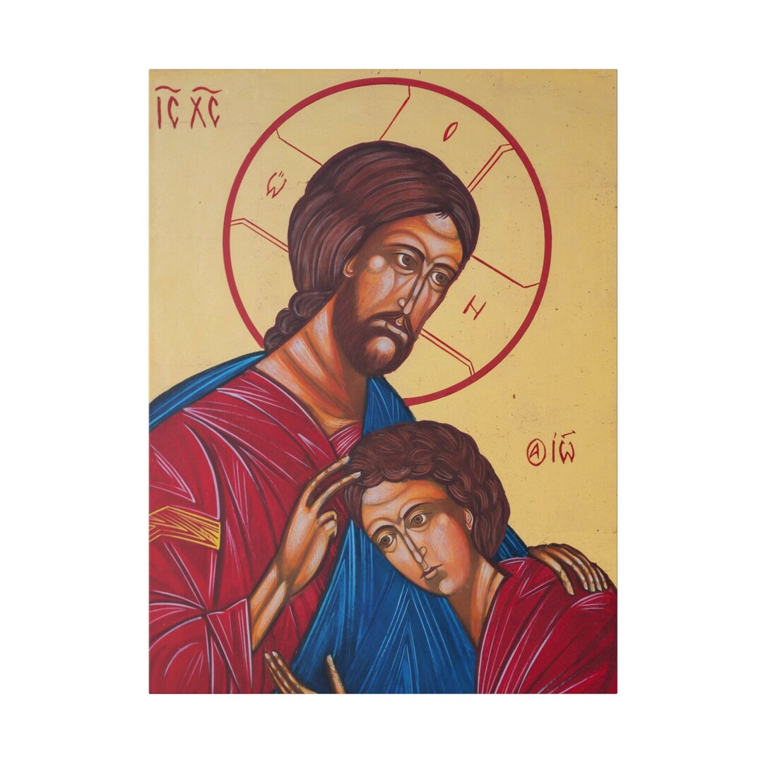 Handcrafted Jesus Embracing St. John Icon Canvas Art - Religious Wall ...