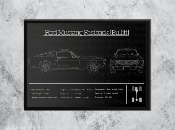 Ford Mustang 1968 Fastback Bullitt A3 Wallart Print Poster - Etsy