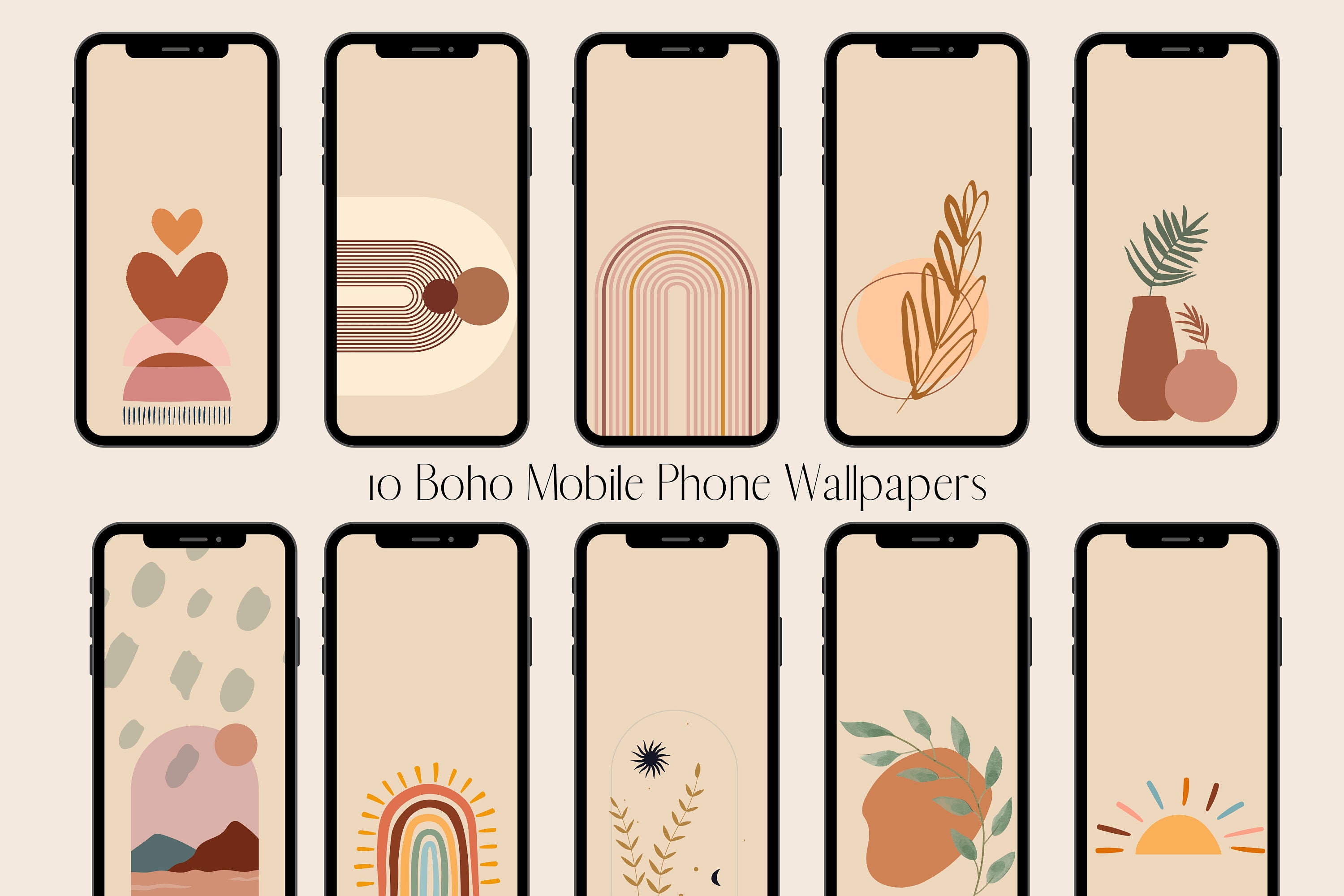 TEN Boho Neutral Tan Mobile Wallpapers Screensaver Background Bundle ...
