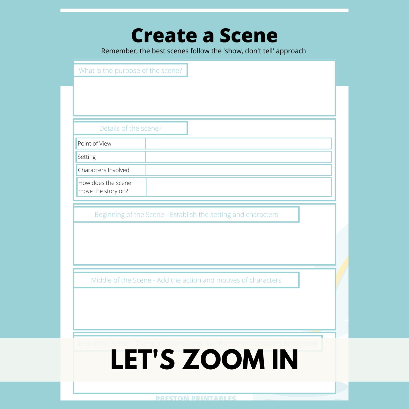 Printable Scene Creator for Writers, Downloadable, Create a Scene ...
