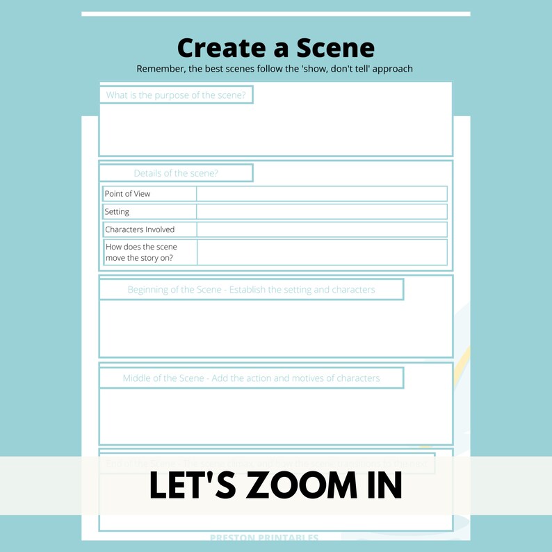 Printable Scene Creator for Writers, Downloadable, Create a Scene ...